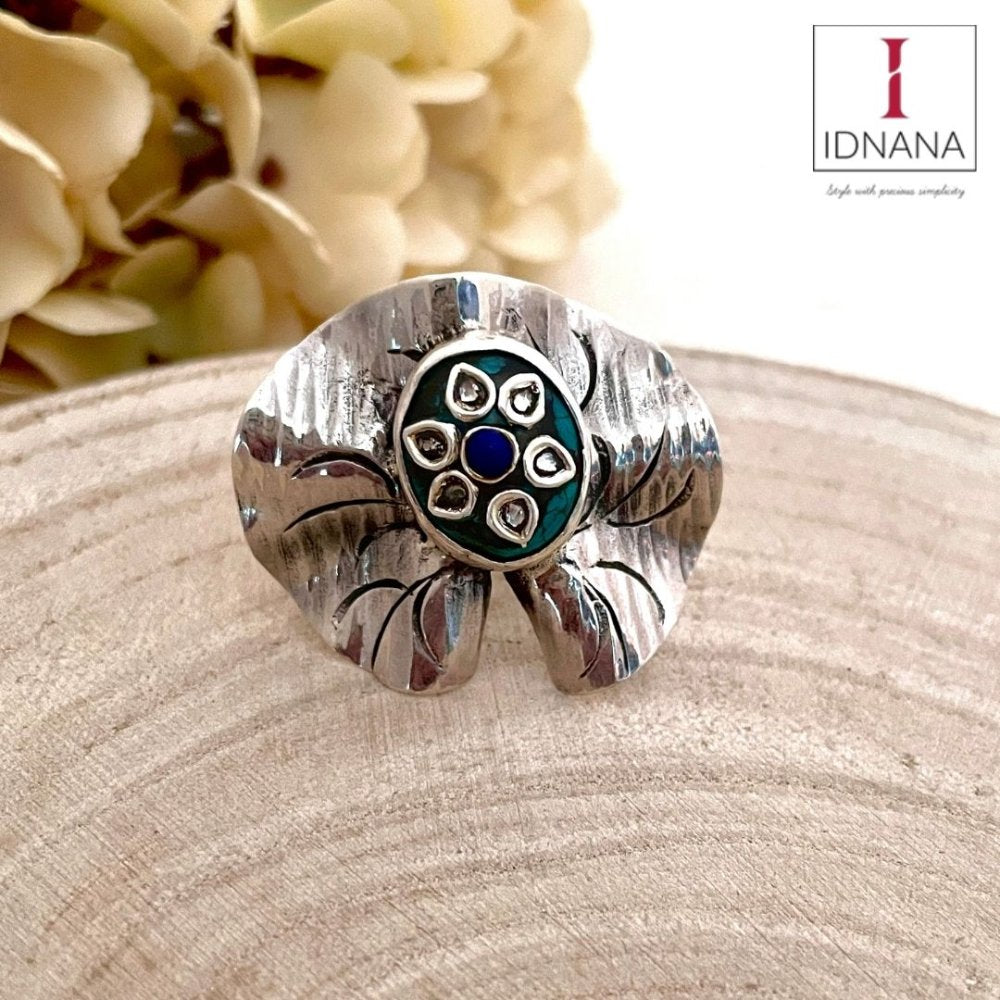 LOTUS LEAF MOTIF TURQUOISE INLAY KUNDAN ADJUSTABLE FINGER RING – Idnana ...